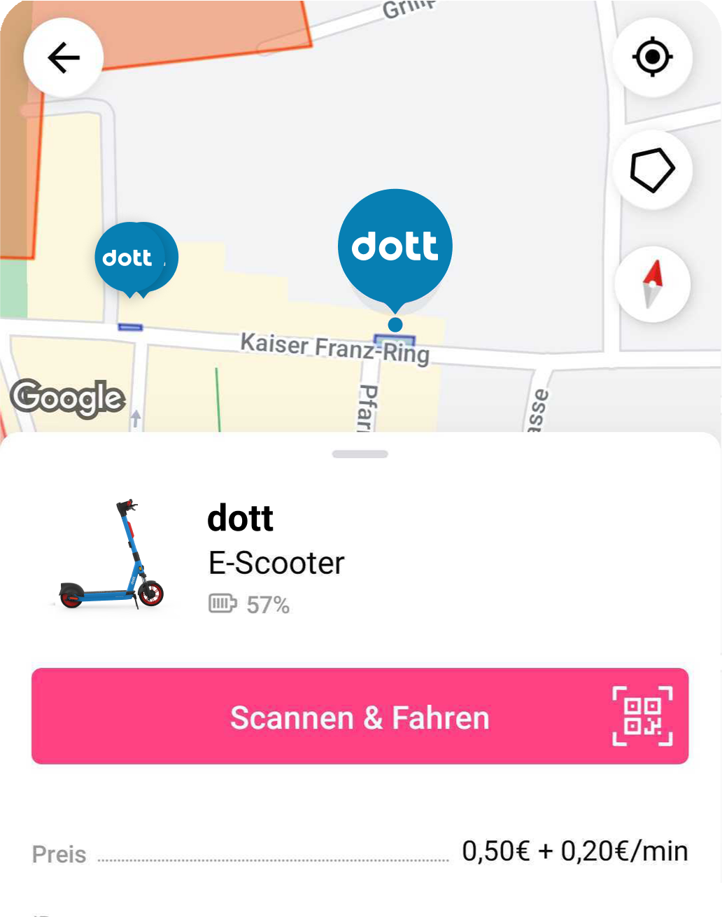 Dott E-Scooter - mit der wegfinder App buchen